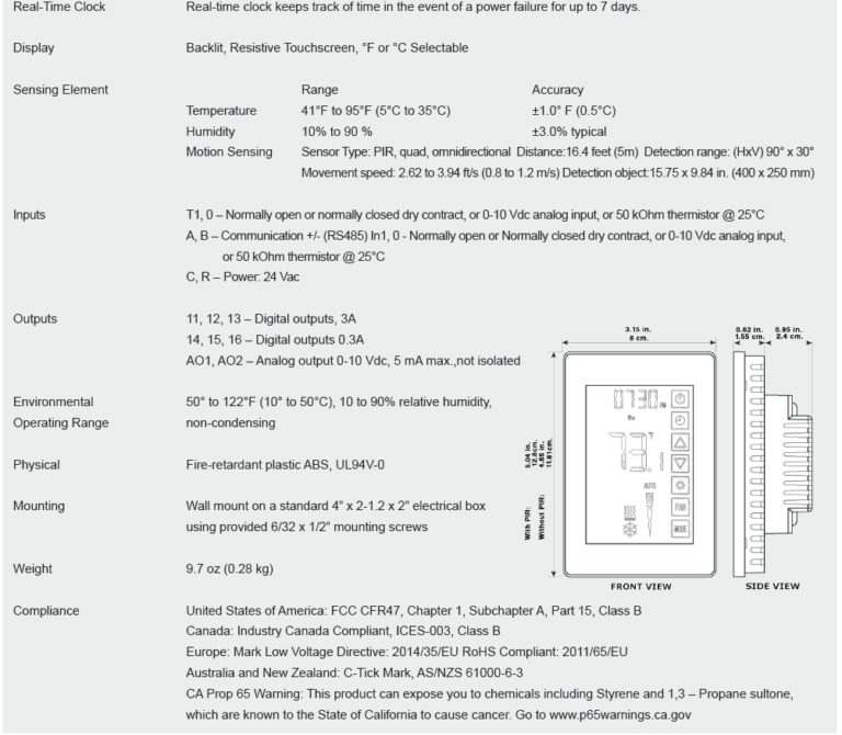 Automatedlogic TBPL-24-H-A OptiPoint™ BACnet Plus Thermostats Data ...
